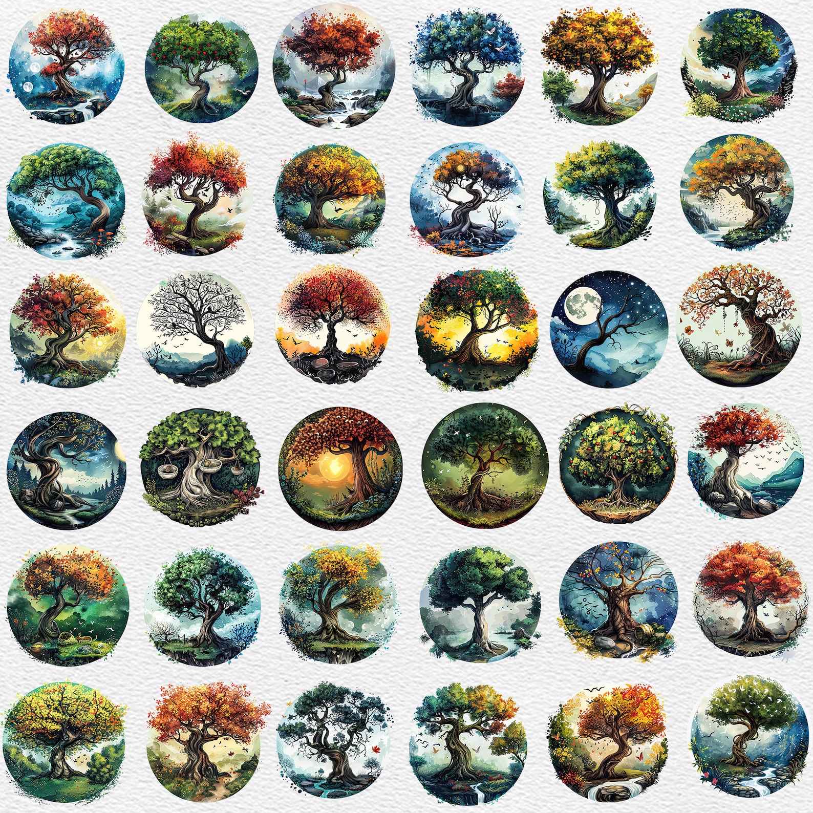 Trees Watercolor, 121 Tree Watercolor, Circle Trees Bundle Clipart ...