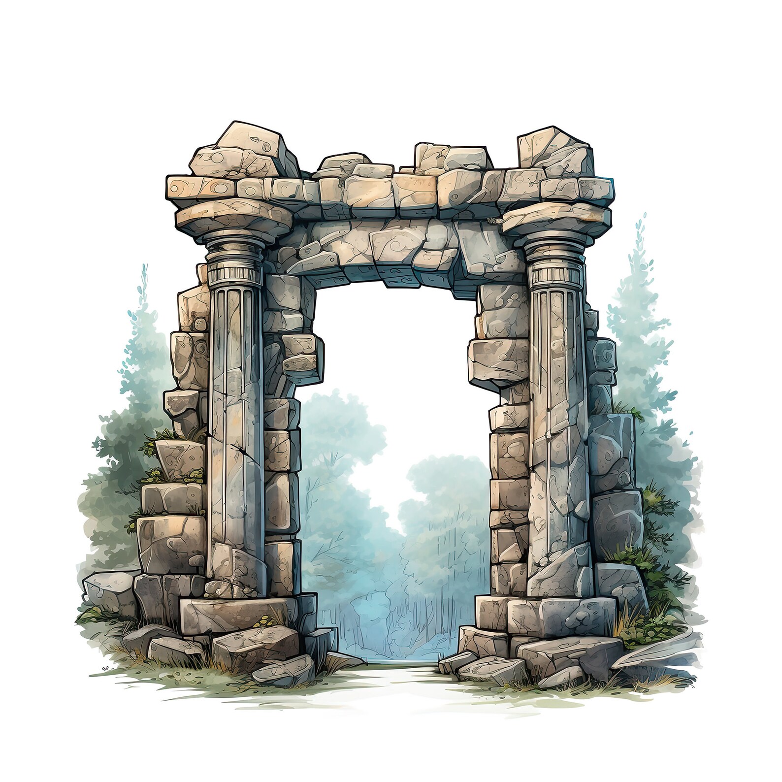 Old Stone Gate Watercolor, 25 Rustic Stone Gates Clipart , Stone Gates ...