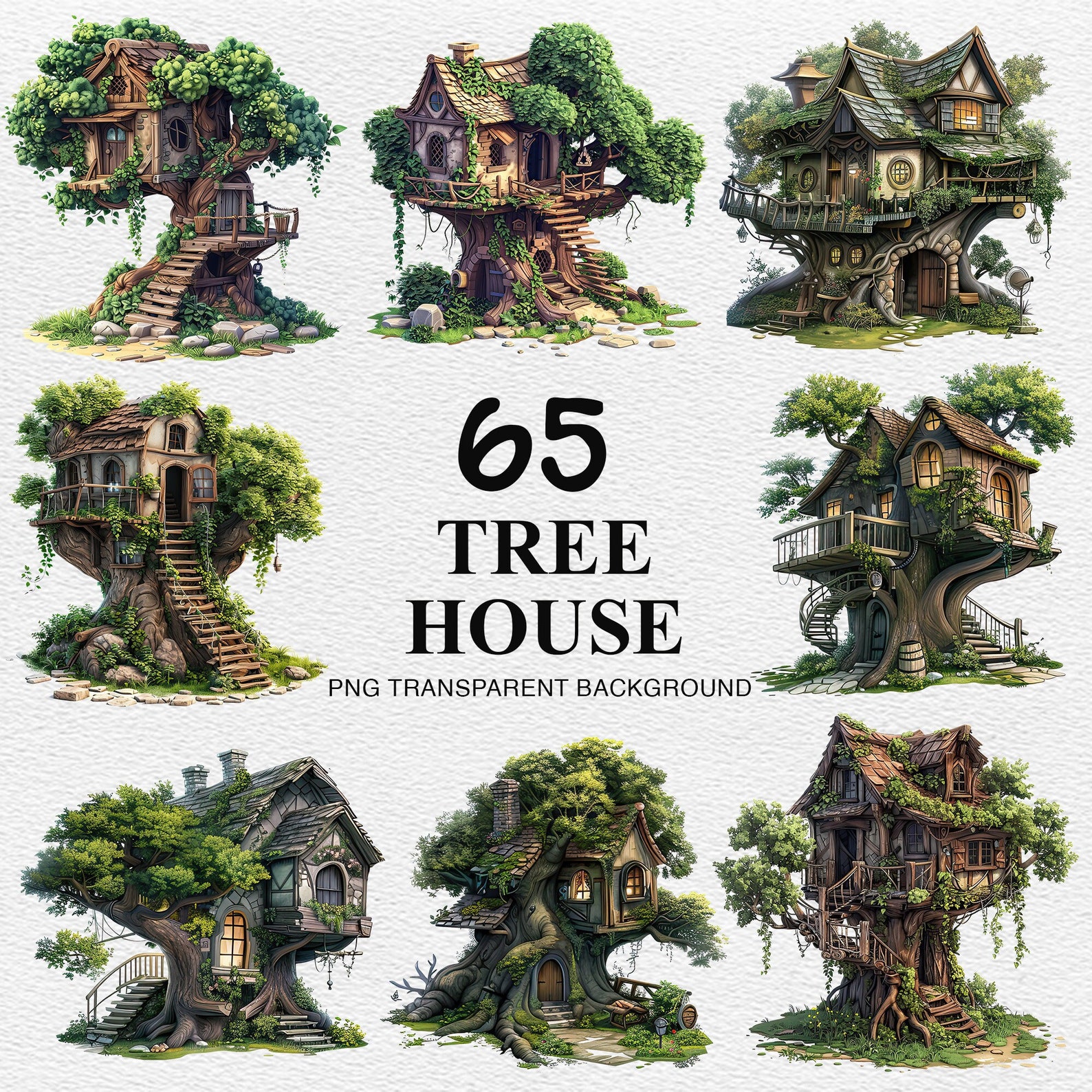 Tree House Watercolor, 65 Tree Cottage Clipart, Forest House, Tree ...