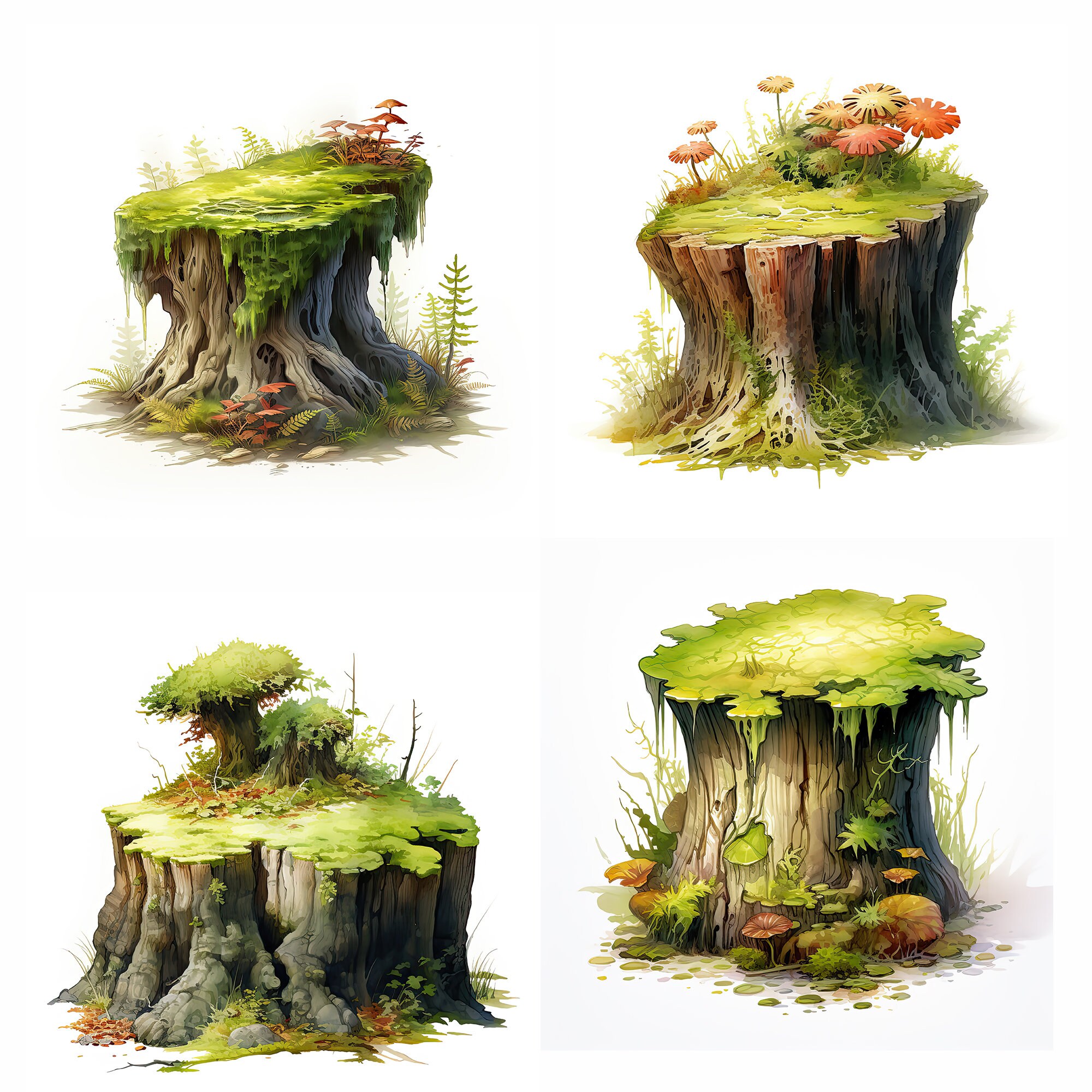 Tree Stump Watercolor, 20 Mossy Tree Trunk, Tree Stump Bundle Clipart ...