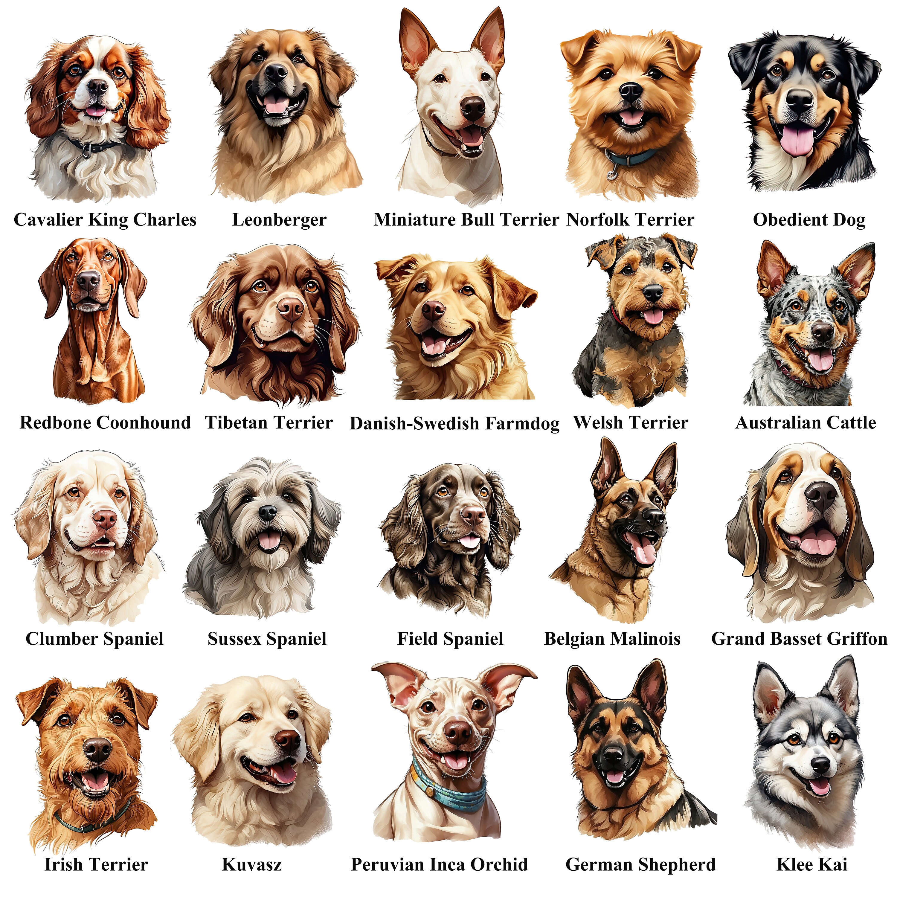 Dog Breeds Clipart Bundle – 100 Cute Dog Illustrations PNG, Puppy Breed ...