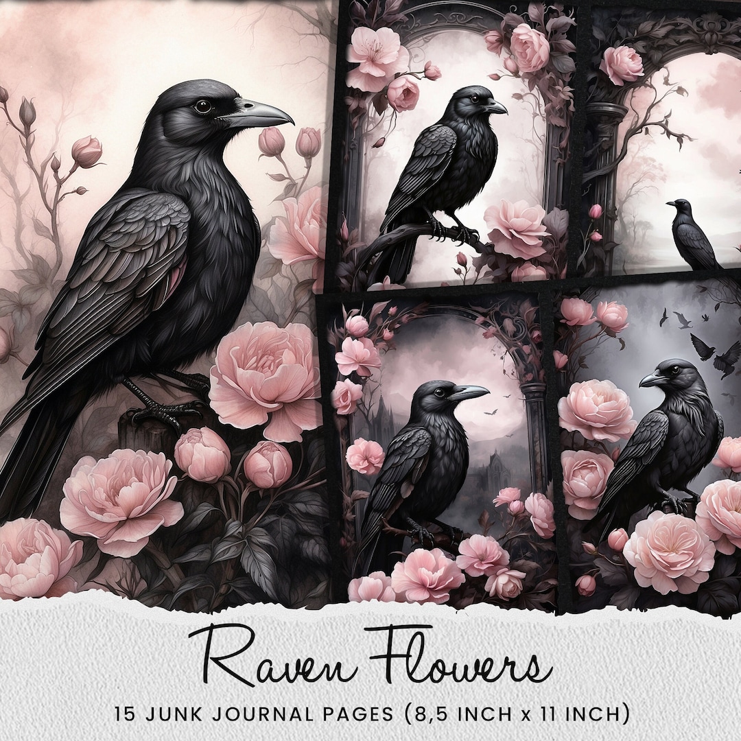Black Raven Crow Flower Junk Journal Page, Raven Flowers, Raven Crow ...