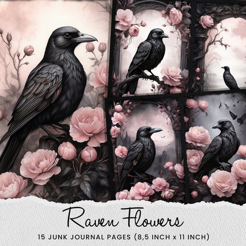 Black Raven Crow Flower Junk Journal Page, Raven Flowers, Raven Crow ...
