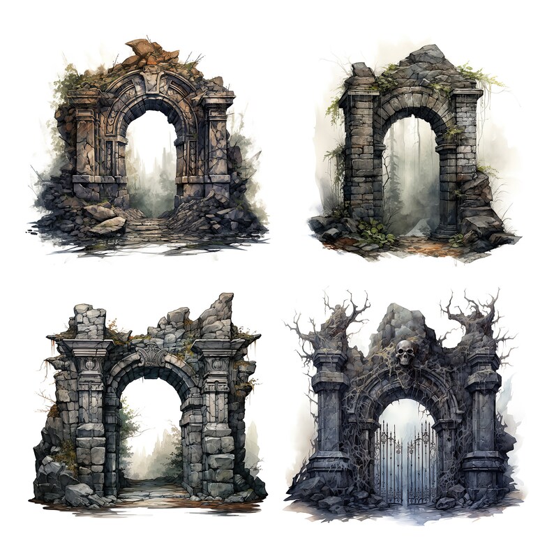 Old Dark Stone Gate Watercolor, 25 Gothic Stone Gates Clipart, Stone ...