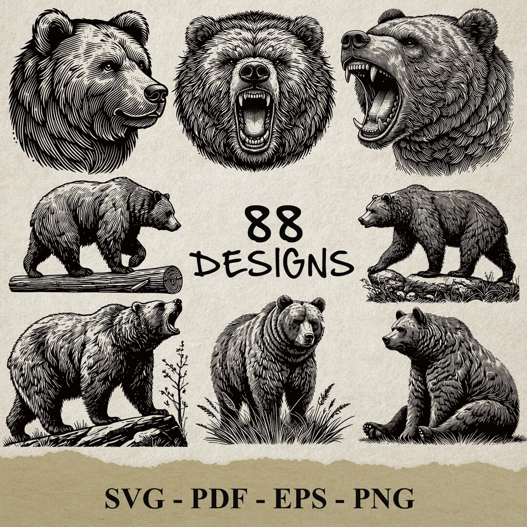 Vintage Bear Vector Illustration, Bear Svg, Grzzly Bear, Forest Bear ...
