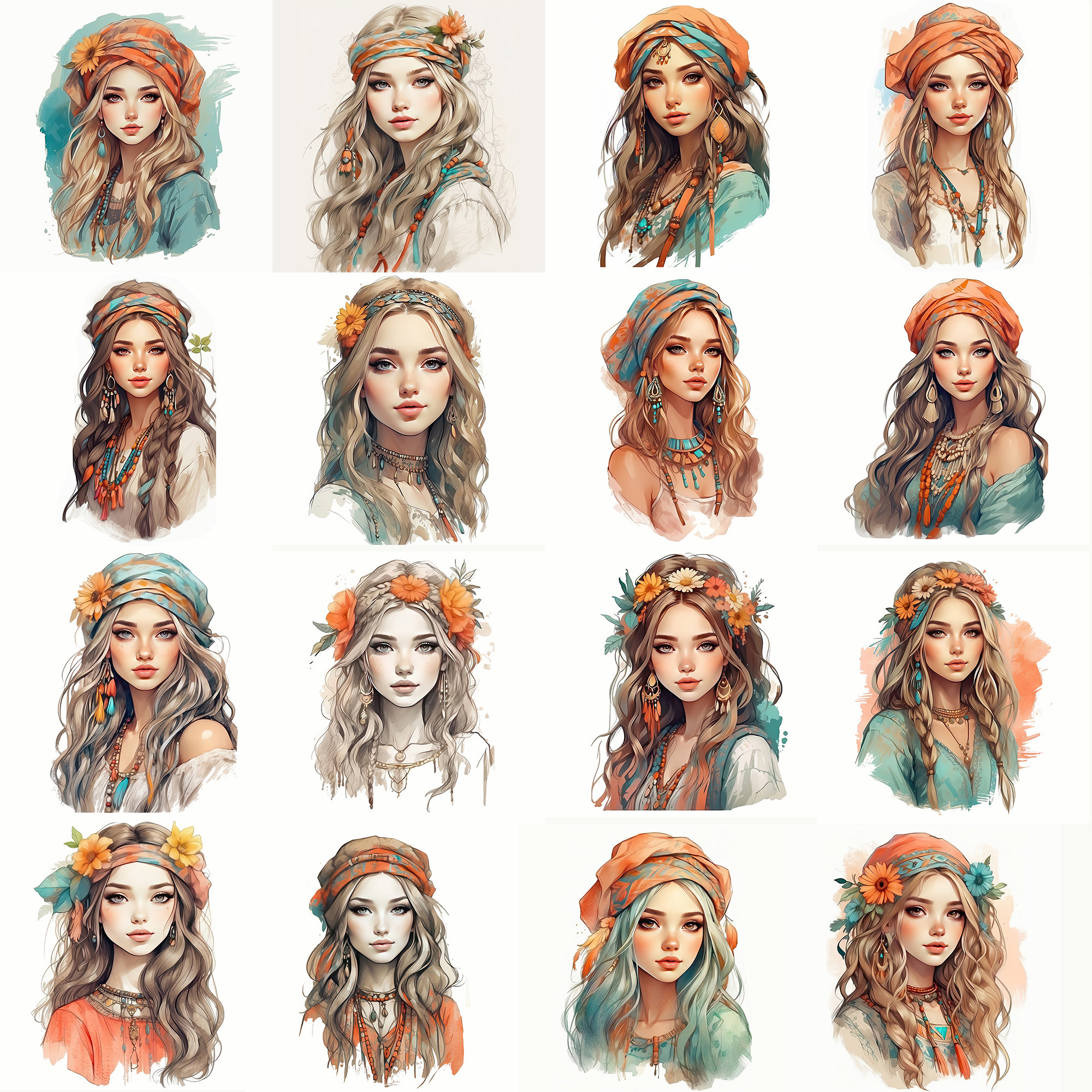 Boho Girls Clipart, Bohemian Girls, Boho Girls Printable Wall Art, Boho ...