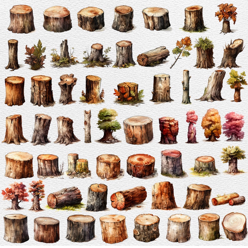Tree Stump Watercolor, 302 Watercolor Tree Trunk, Tree Stump Bundle ...