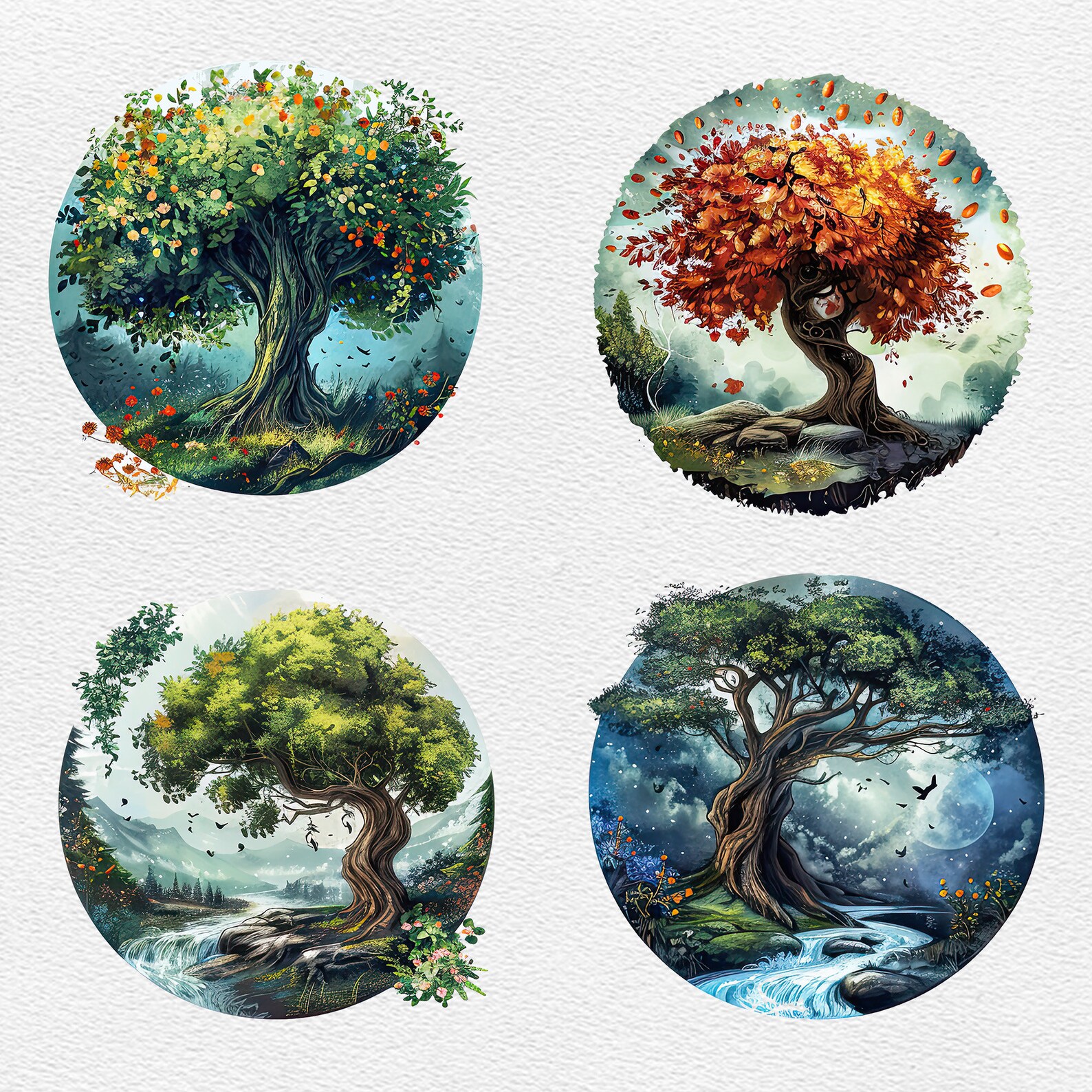 Trees Watercolor, 121 Tree Watercolor, Circle Trees Bundle Clipart ...
