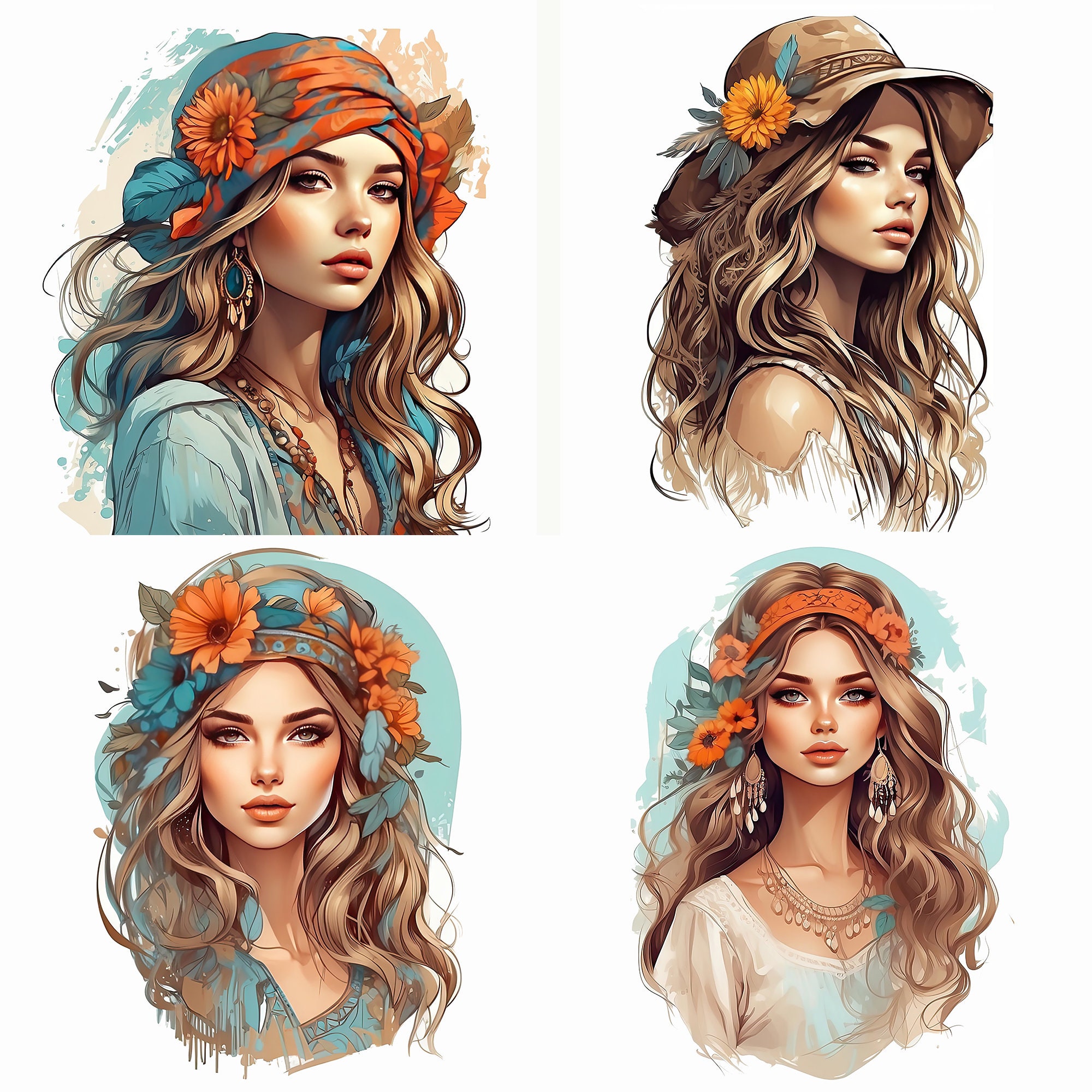 Boho Girls Clipart, Bohemian Girls, Boho Girls Printable Wall Art, Boho ...