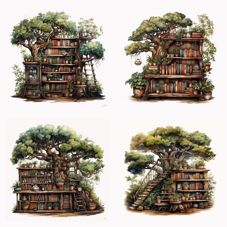 Tree Library Watercolor, 20 Tree Forest Library, Tree Forest Bookshelf ...