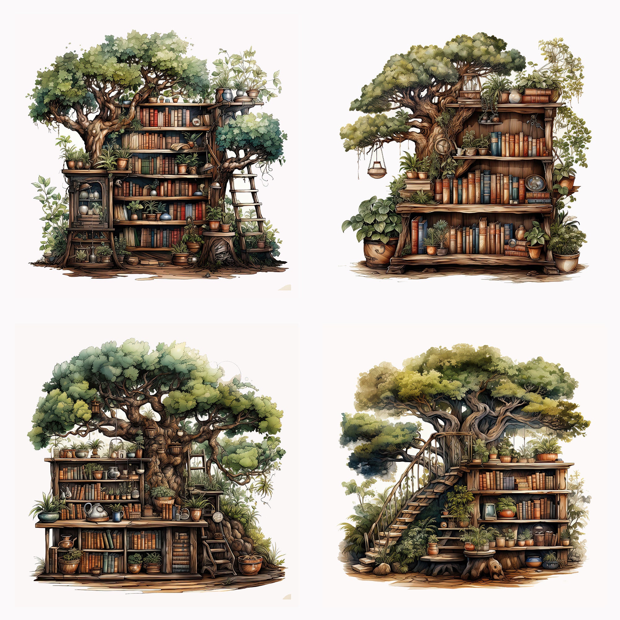 Tree Library Watercolor, 20 Tree Forest Library, Tree Forest Bookshelf ...