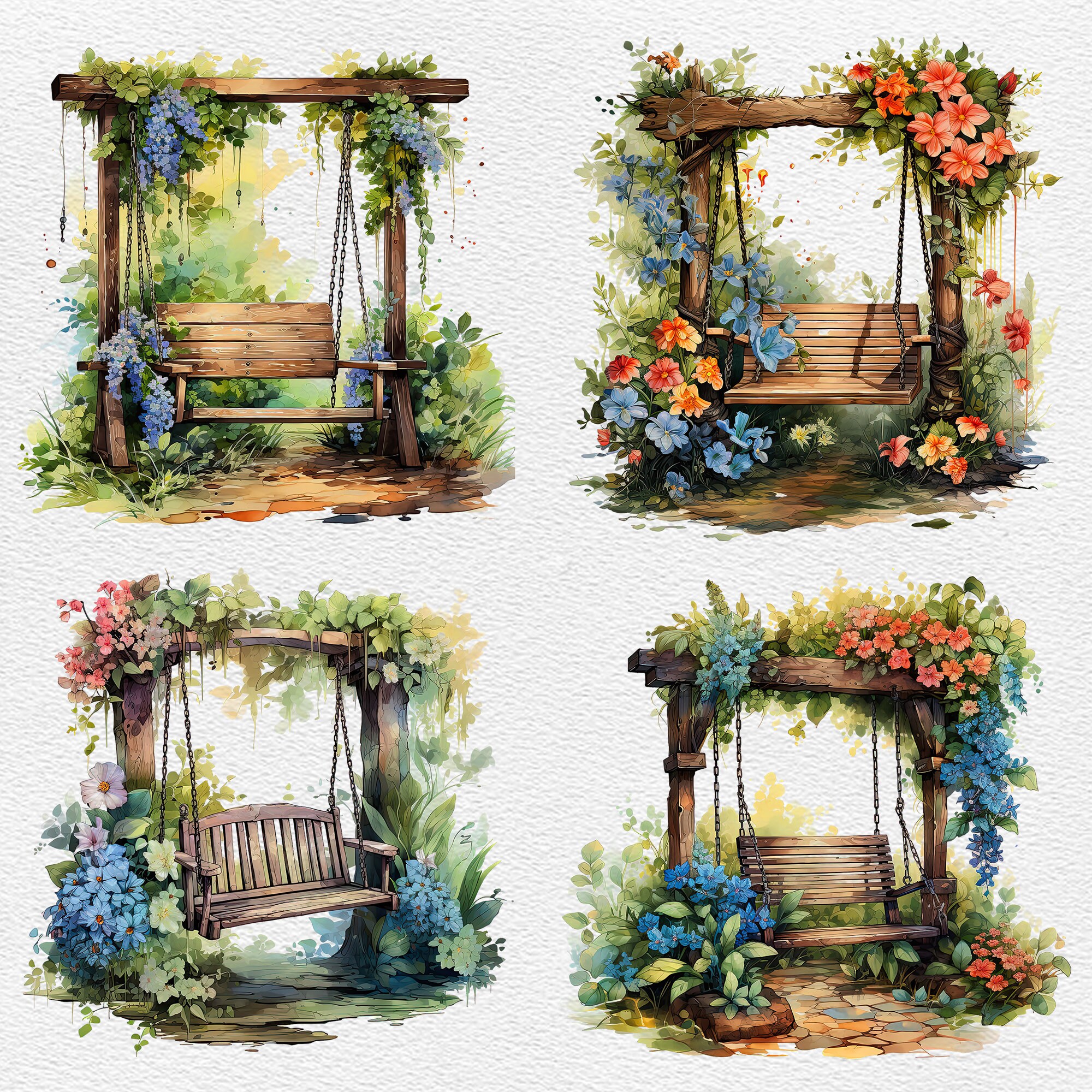 Cozy Wooden Garden Swing Clipart, Floral Overgrown Wooden Swing ...