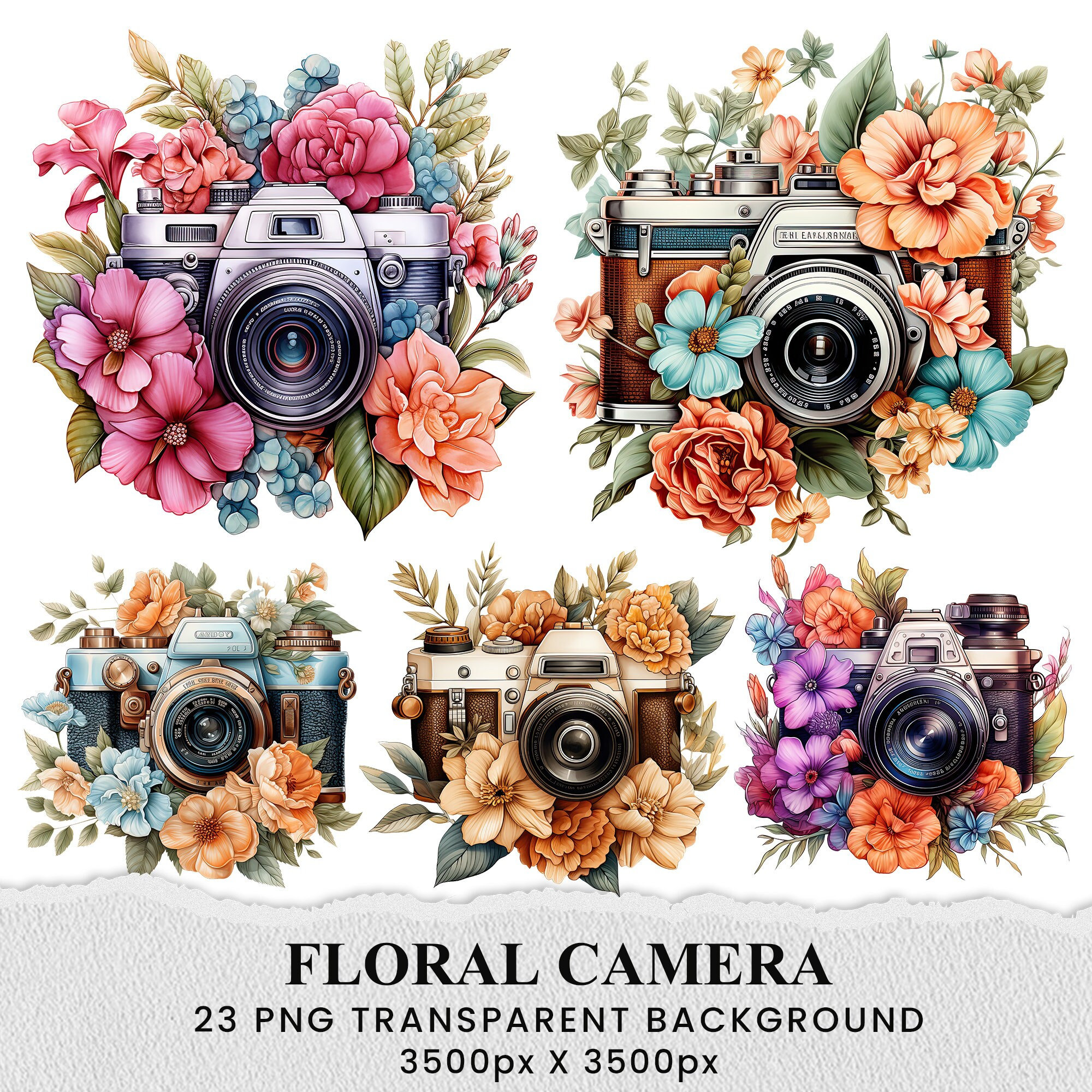 Floral Camera Clipart, 23 Watercolor Camera Flowers, Retro Classic ...