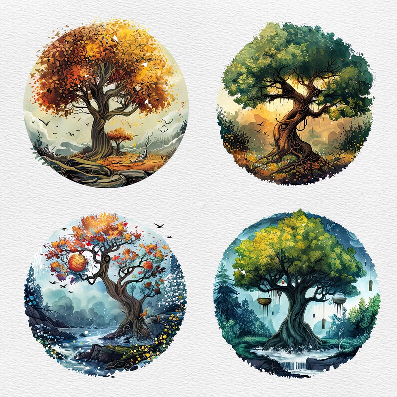 Trees Watercolor, 121 Tree Watercolor, Circle Trees Bundle Clipart ...