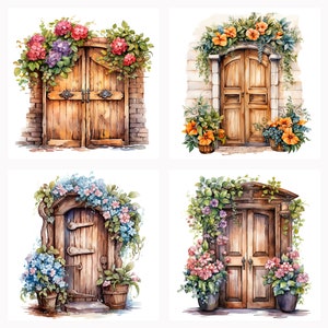 Flowers Doors Watercolor, 20 Floral Doors Clipart , Beauty Flowers Door ...