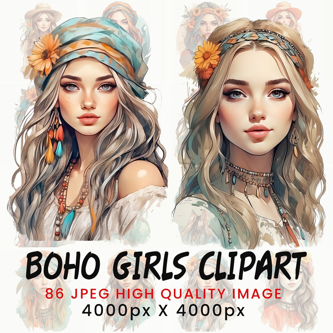Boho Girls Clipart, Bohemian Girls, Boho Girls Printable Wall Art, Boho Girls Illustration ...
