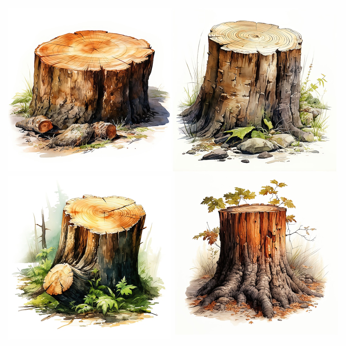 Tree Stump Watercolor, 20 Watercolor Tree Trunk, Tree Stump Bundle ...