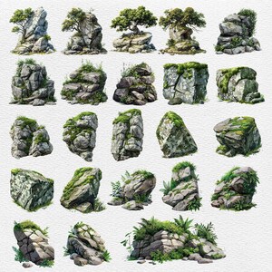 Rocks Clipart, 218 Mossy Rocks Watercolor, Stone Rocks Bundle Clipart ...