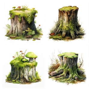 Tree Stump Watercolor, 20 Mossy Tree Trunk, Tree Stump Bundle Clipart ...