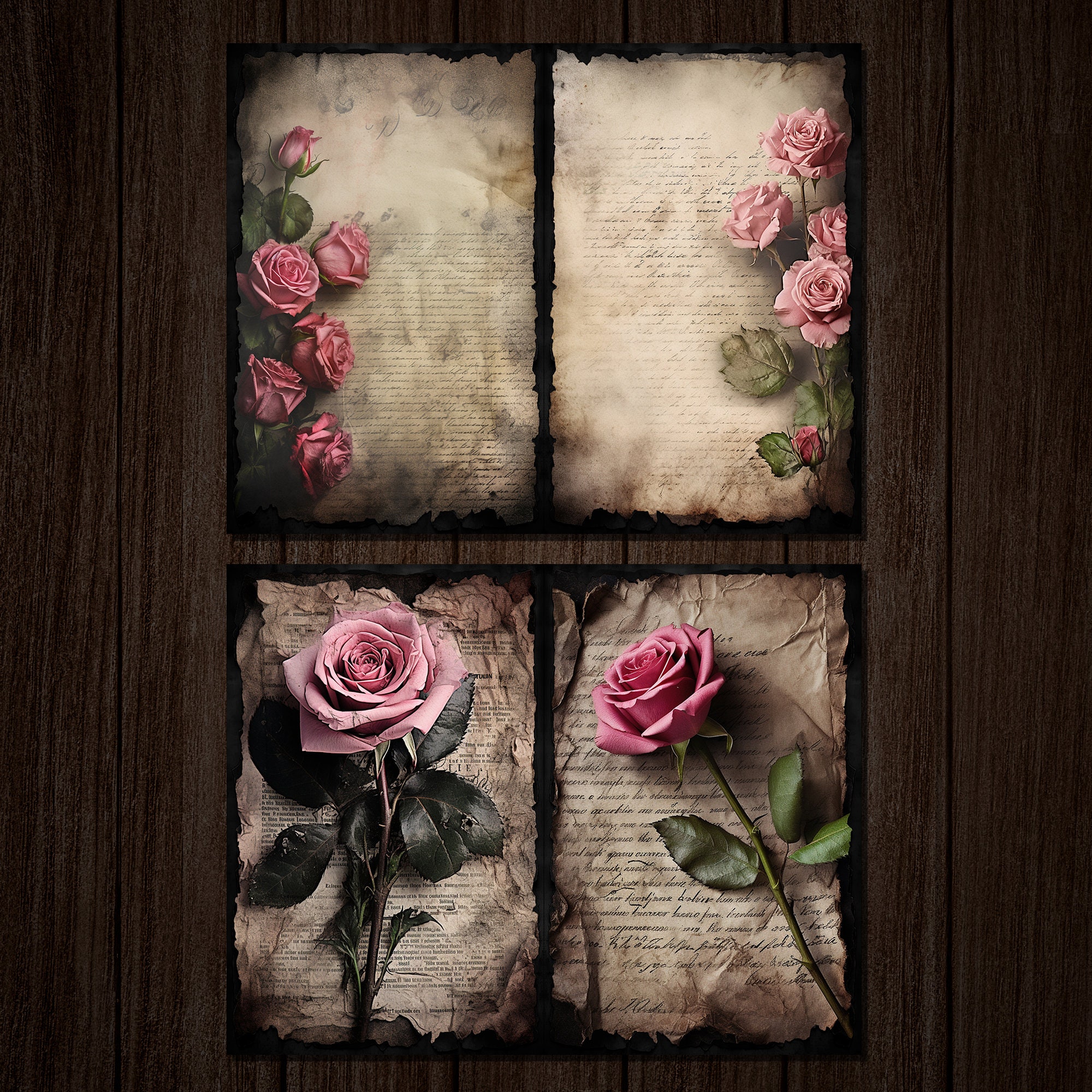 Rose Junk Journal Pages, Pink Rose Flower Old Paper, Pink Roses Digital ...