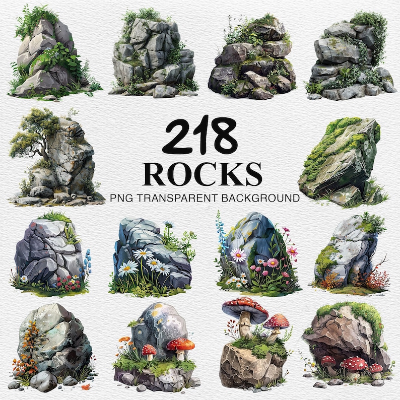 Rocks Clipart, 218 Mossy Rocks Watercolor, Stone Rocks Bundle Clipart ...