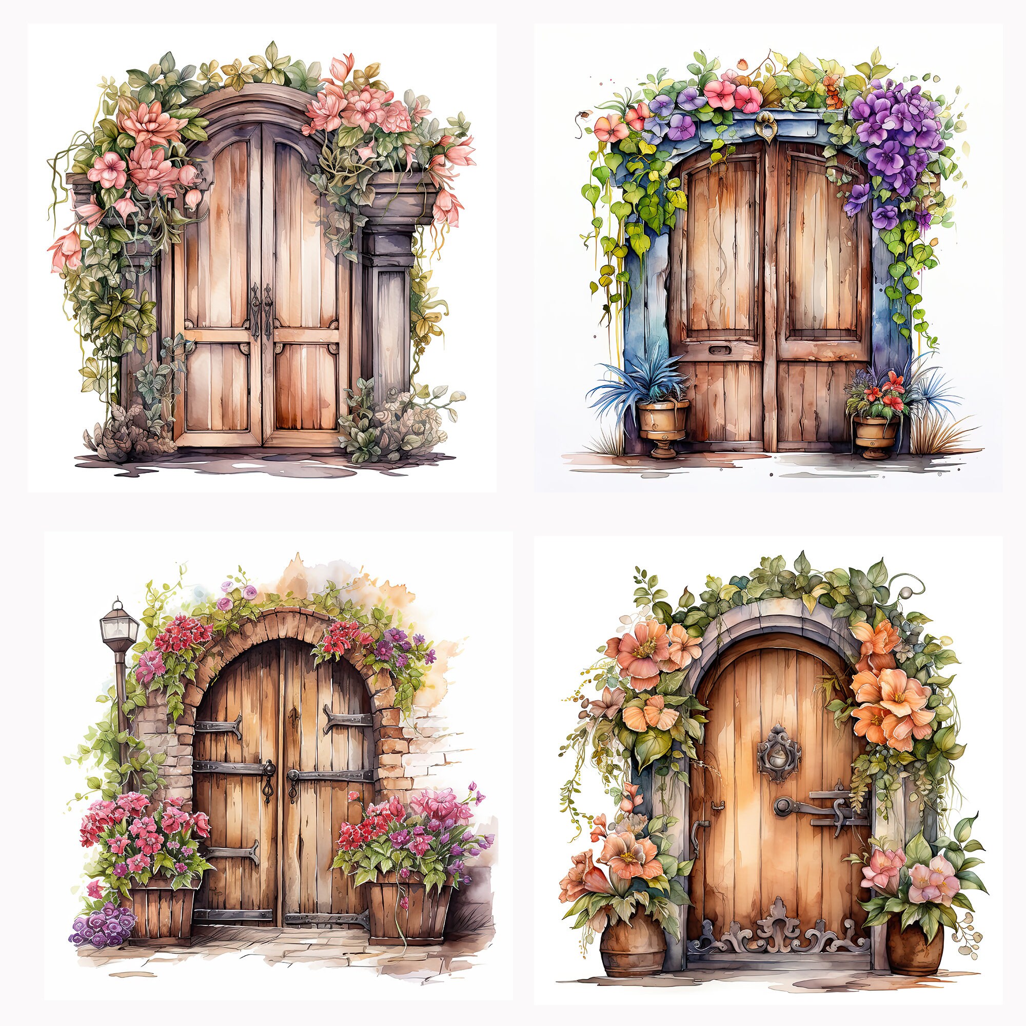Flowers Doors Watercolor, 20 Floral Doors Clipart , Beauty Flowers Door ...