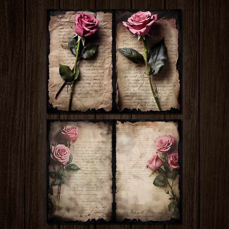 Rose Junk Journal Pages, Pink Rose Flower Old Paper, Pink Roses Digital ...
