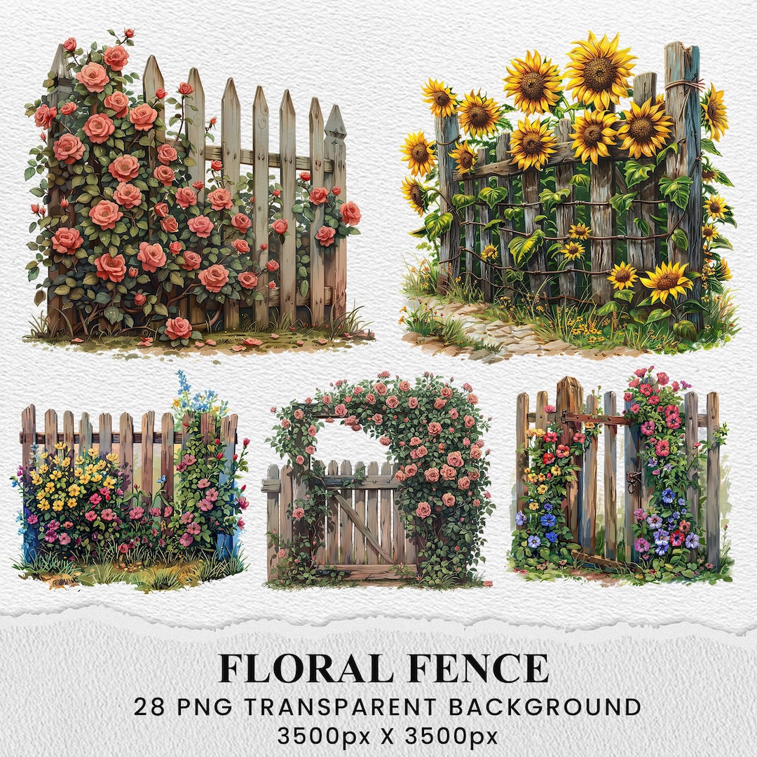 Floral Fence Clipart, 28 Garden Fence, Wildflowers Fence, Wooden Fences ...