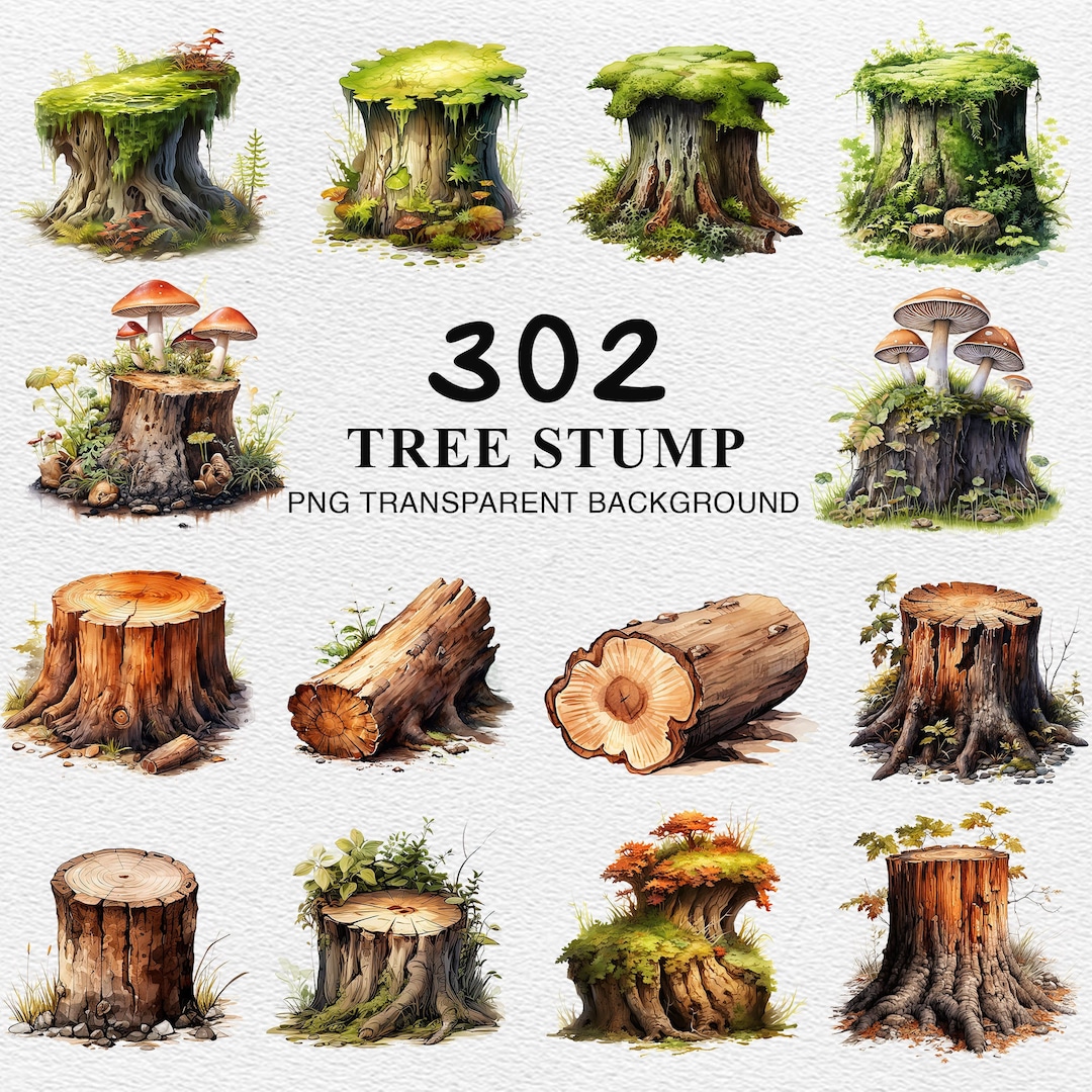 Tree Stump Watercolor Clipart Bundle: Mossy Tree Trunk PNG (digital ...