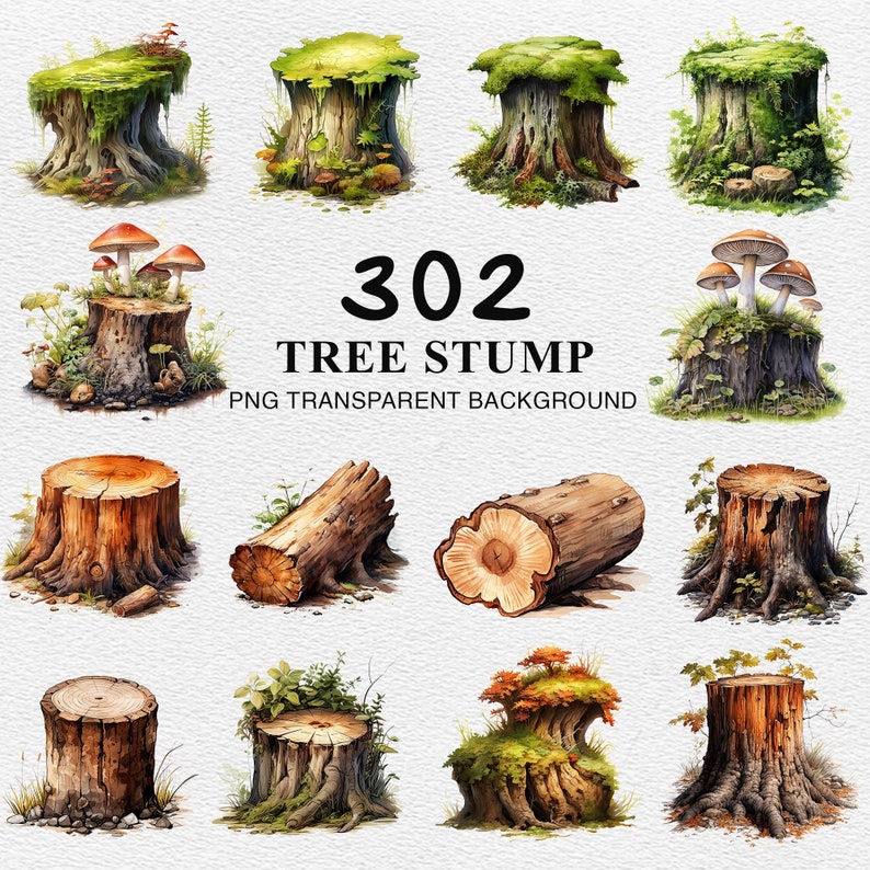 Tree Stump Watercolor, 302 Watercolor Tree Trunk, Tree Stump Bundle ...