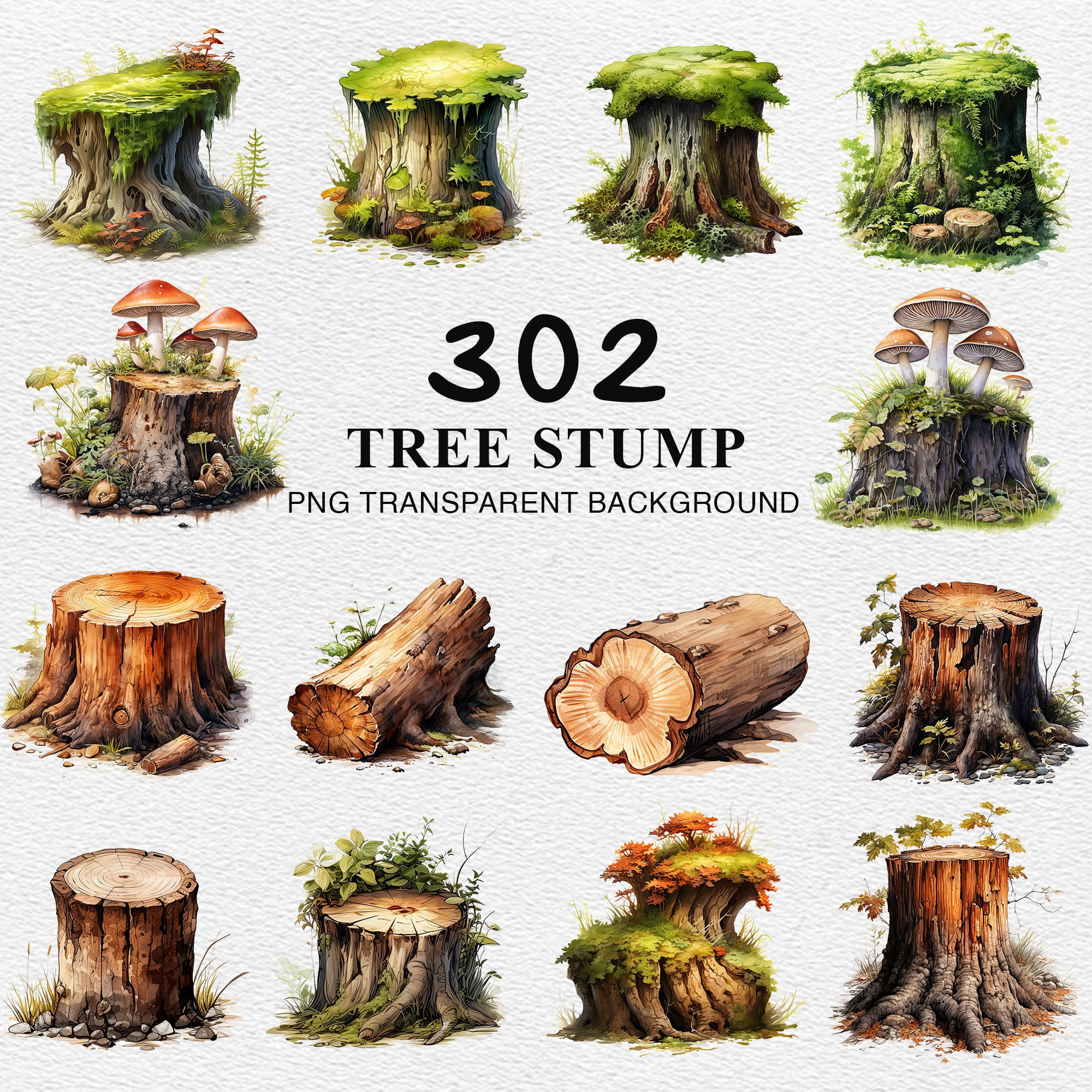 Tree Stump Watercolor, 302 Watercolor Tree Trunk, Tree Stump Bundle ...