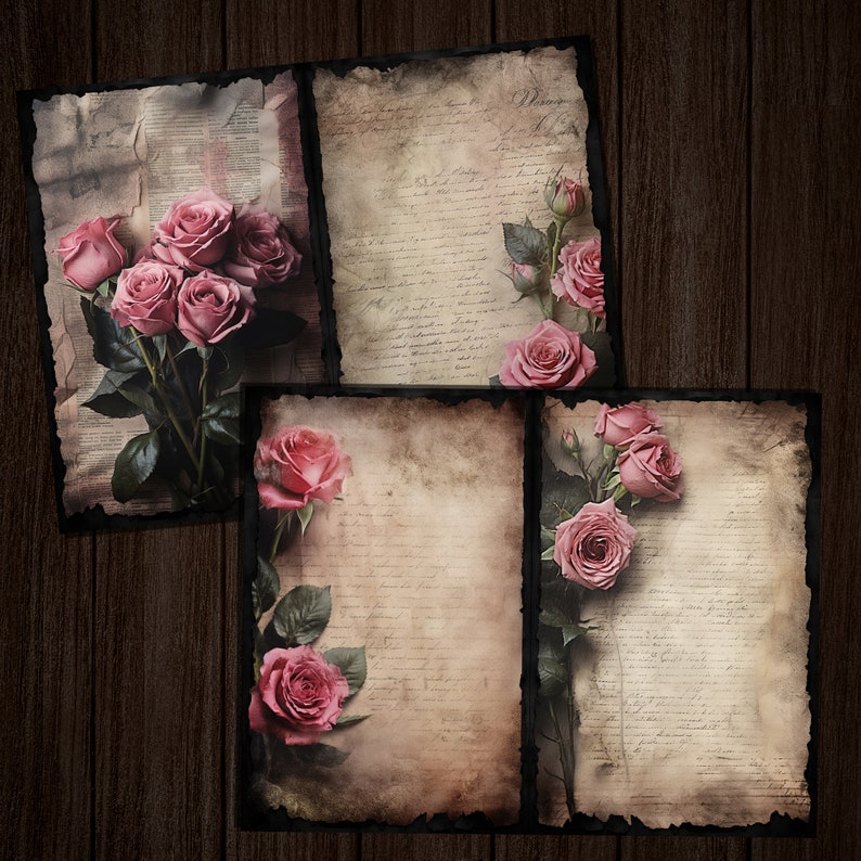 Rose Junk Journal Pages, Pink Rose Flower Old Paper, Pink Roses Digital ...