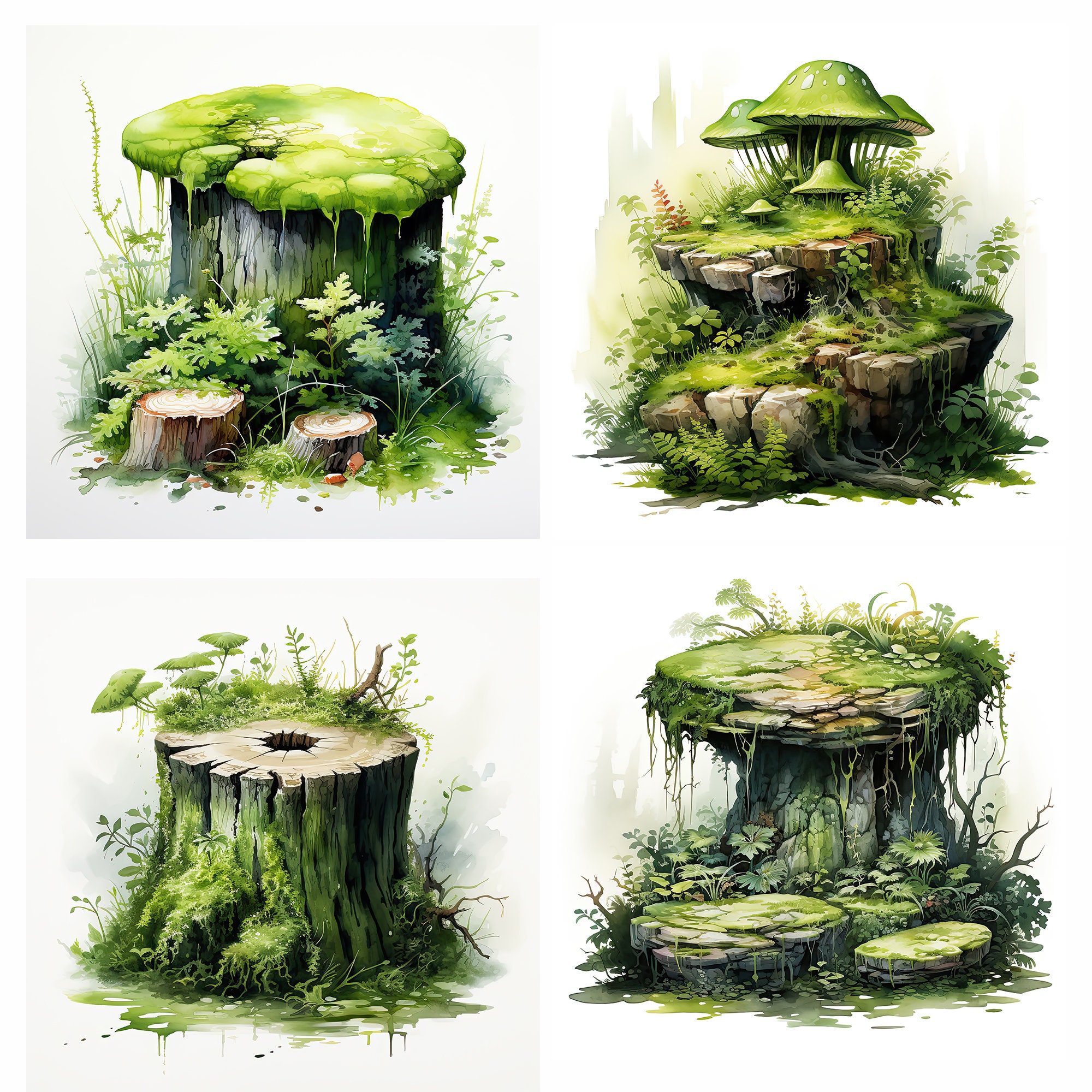 Mossy Tree Stump Watercolor, 20 Mossy Tree Trunk, Tree Stump Bundle ...