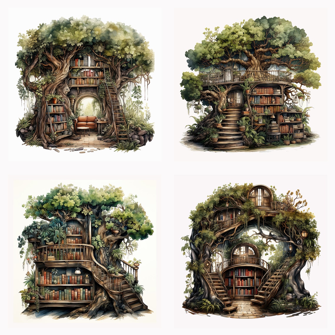 Tree Library Watercolor, 20 Tree Forest Library, Tree Forest Bookshelf ...