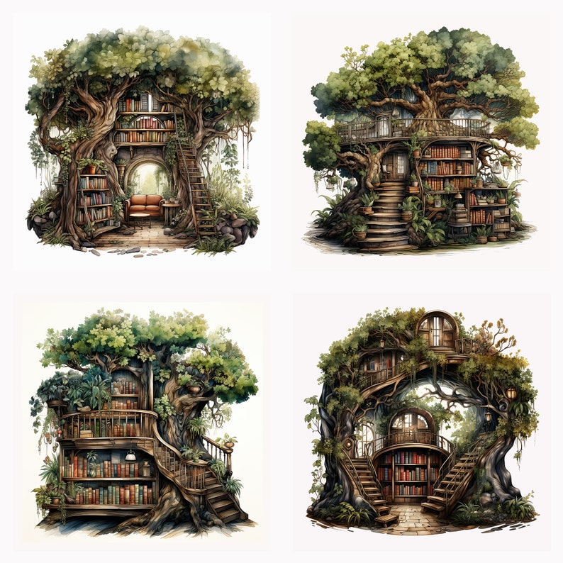 Tree Library Watercolor, 20 Tree Forest Library, Tree Forest Bookshelf ...