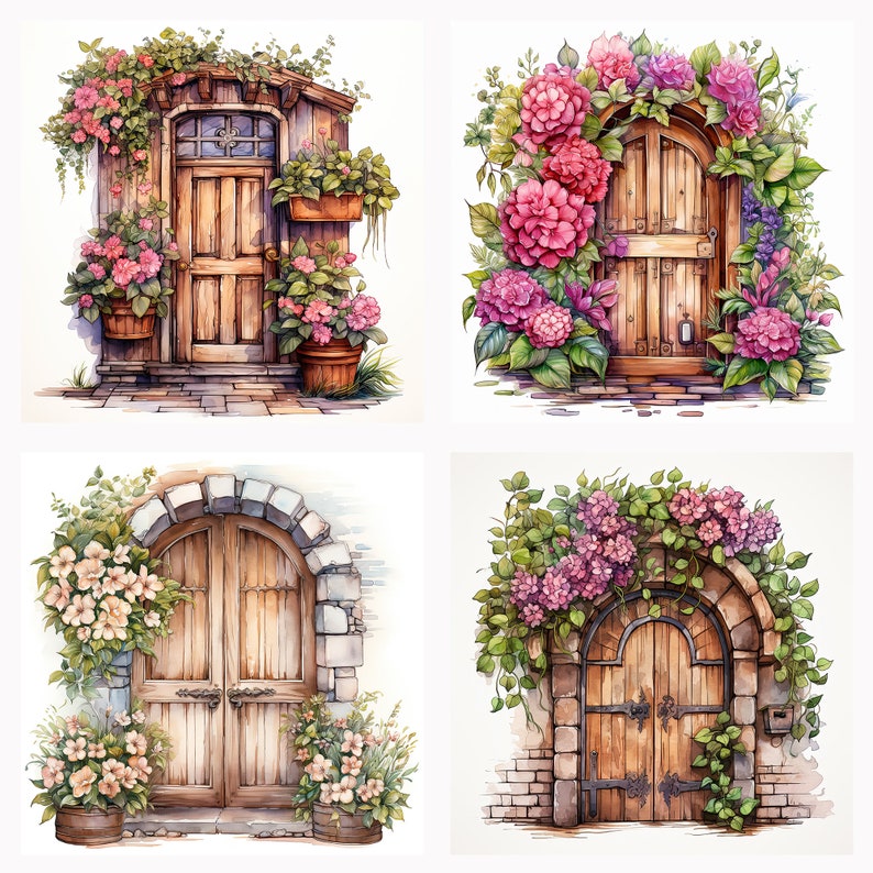 Flowers Doors Watercolor, 20 Floral Doors Clipart , Beauty Flowers Door ...
