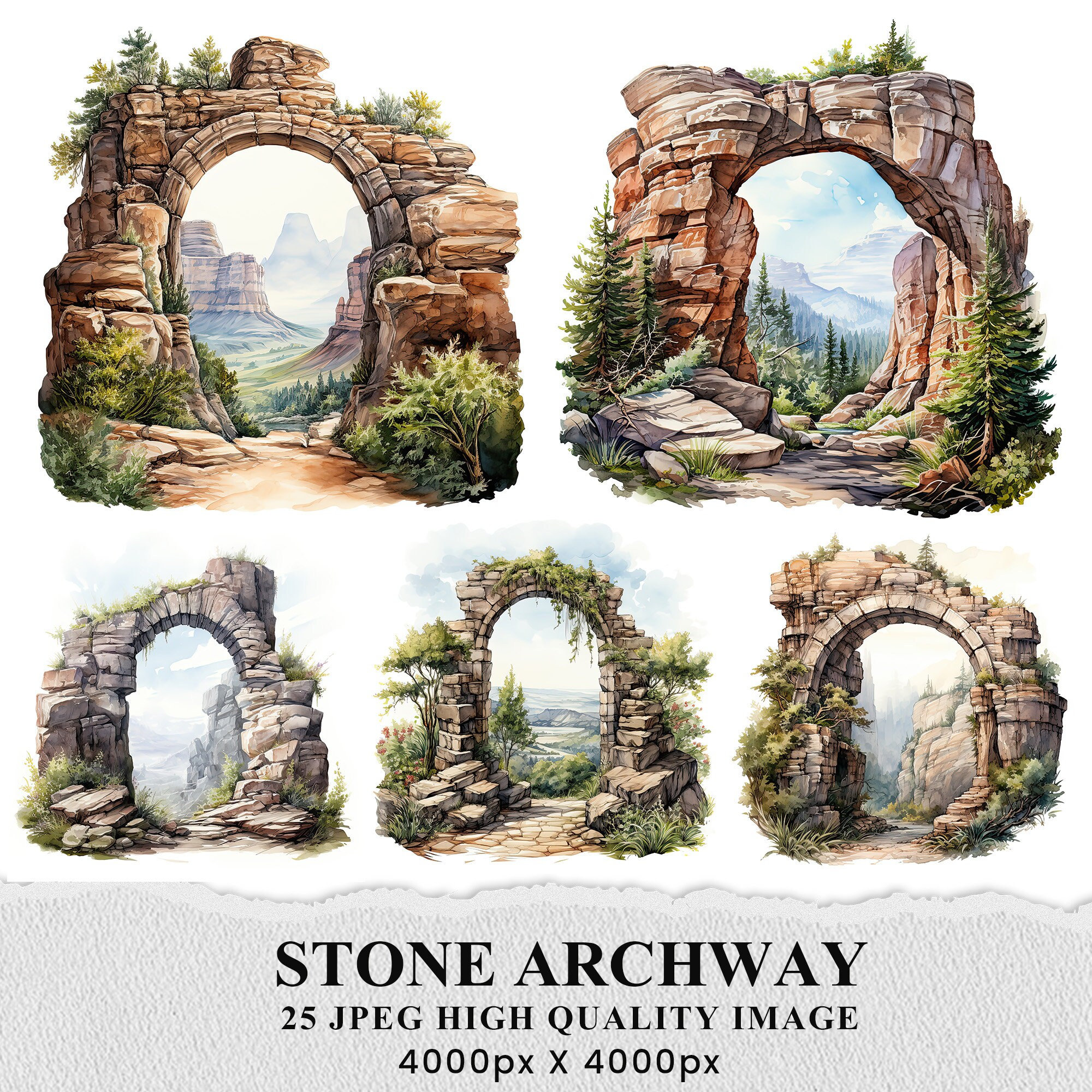 Stone Arch Watercolor, 25 Watercolor Arches Stone, Stone Arches Bundle ...