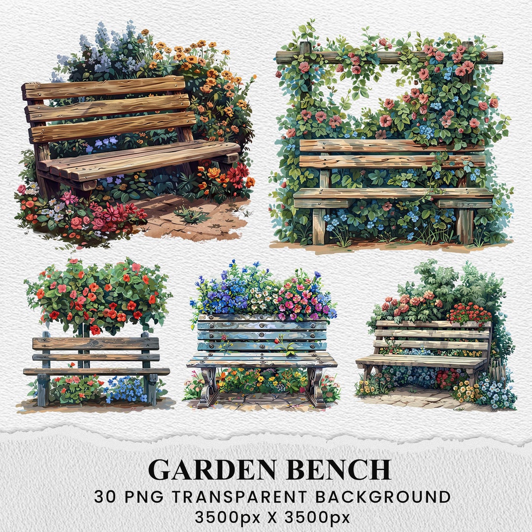 Floral Bench Clipart, 30 Garden Bench, Wildflowers Bench, Wooden Bench ...