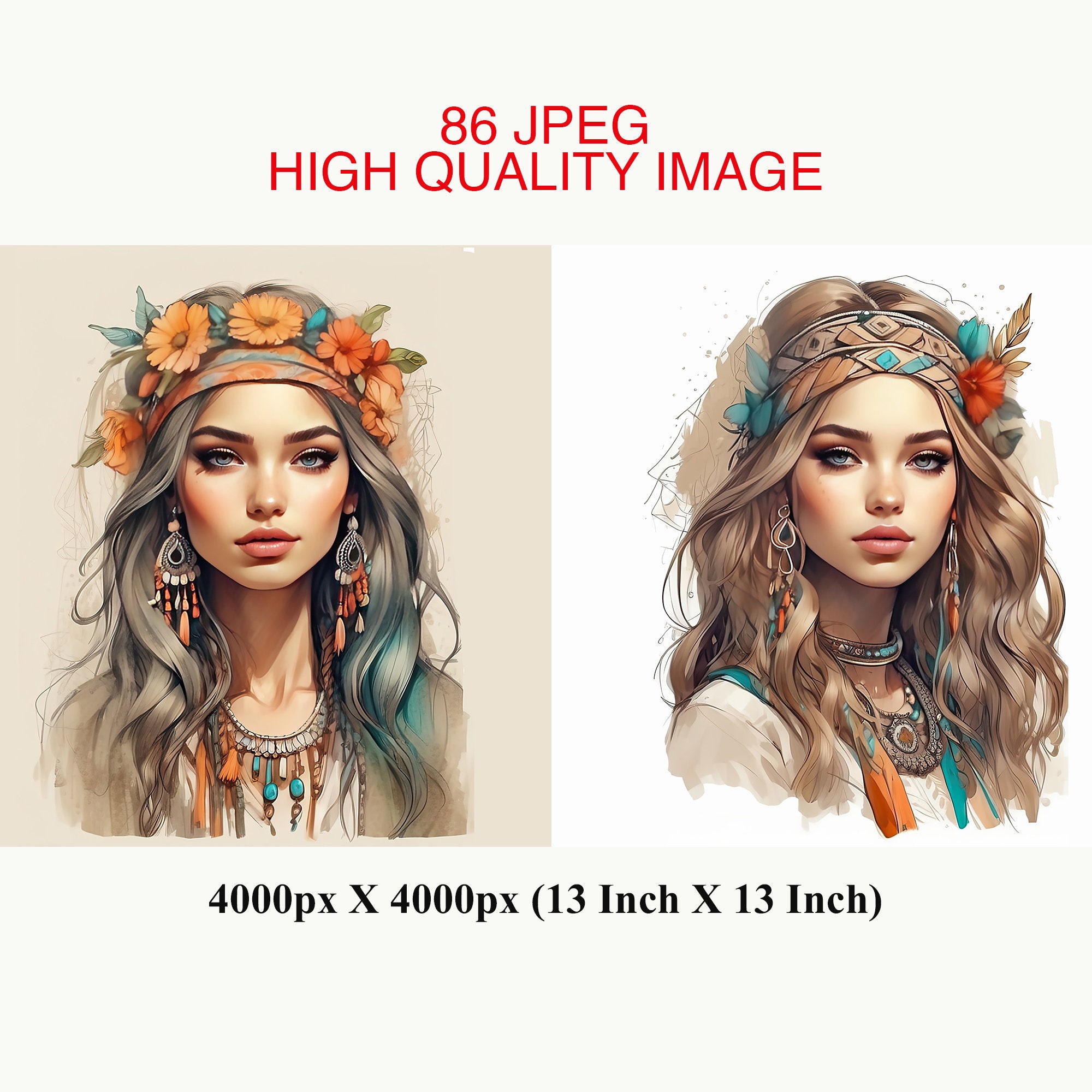 Boho Girls Clipart, Bohemian Girls, Boho Girls Printable Wall Art, Boho ...