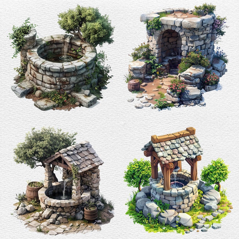 Old Well Watercolor, 29 Old Water Well Clipart, Rustic Old Stone Well ...