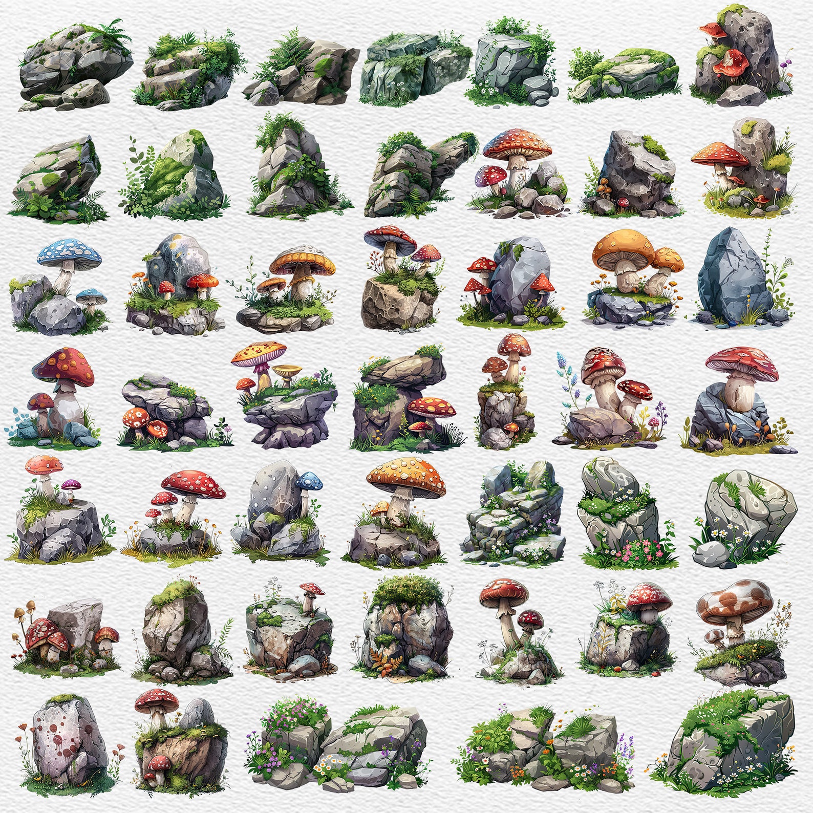 218 Mossy Rocks Watercolor Clipart: Stone Boulders (digital Download ...