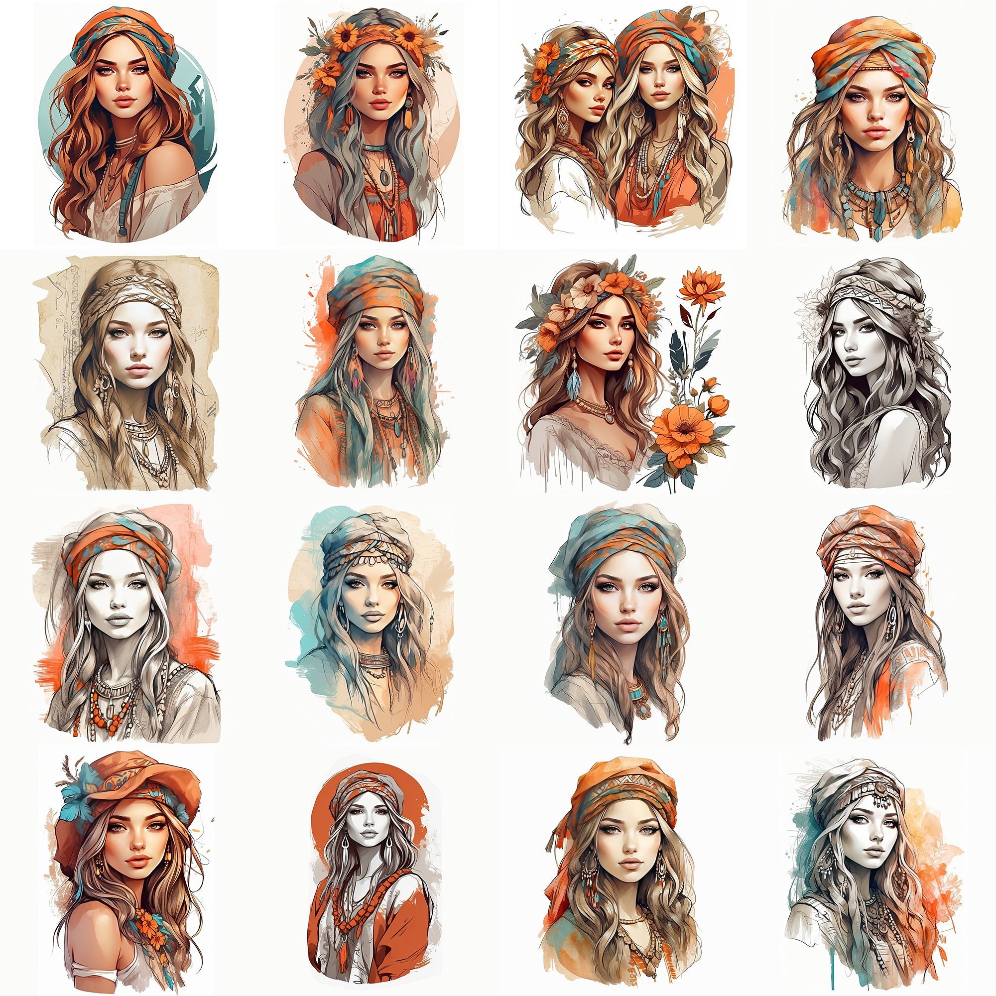 Boho Girls Clipart, Bohemian Girls, Boho Girls Printable Wall Art, Boho ...