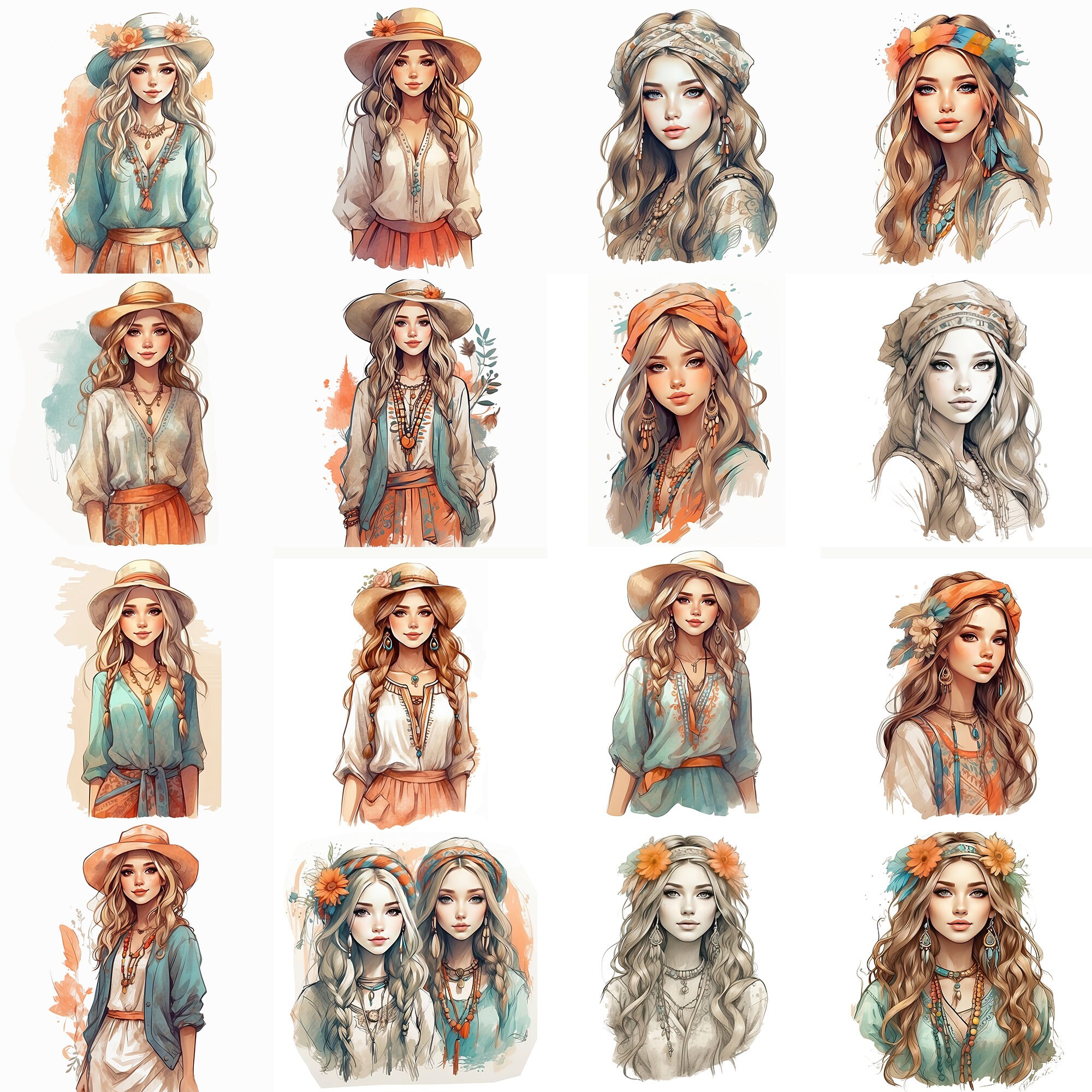 Boho Girls Clipart, Bohemian Girls, Boho Girls Printable Wall Art, Boho ...