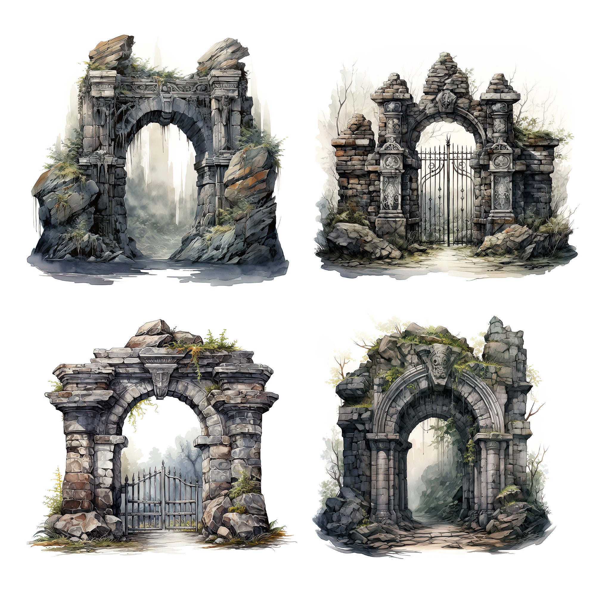 Old Dark Stone Gate Watercolor, 25 Gothic Stone Gates Clipart, Stone ...