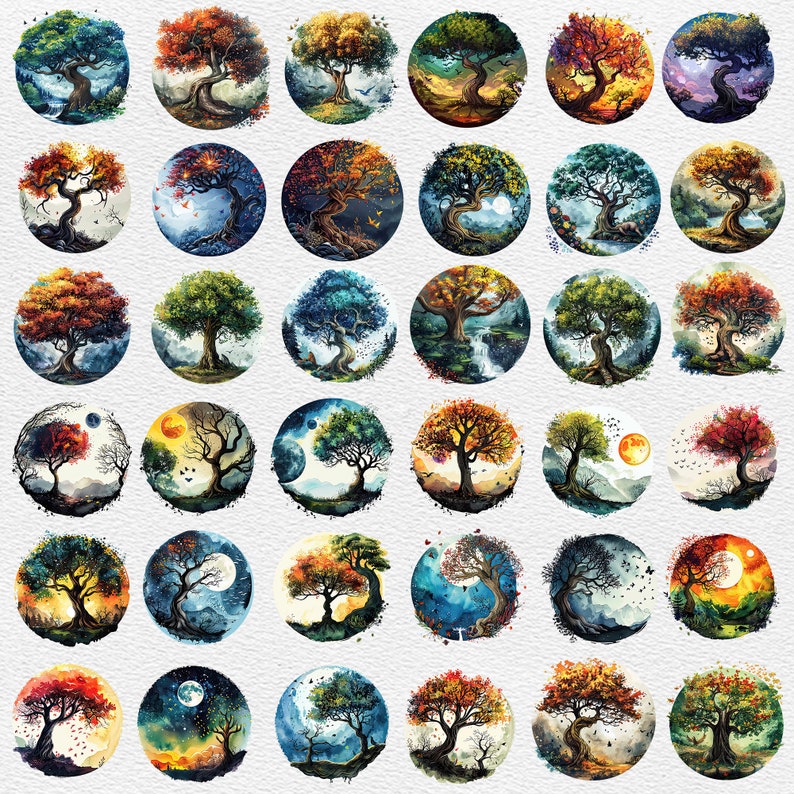 Trees Watercolor, 121 Tree Watercolor, Circle Trees Bundle Clipart ...