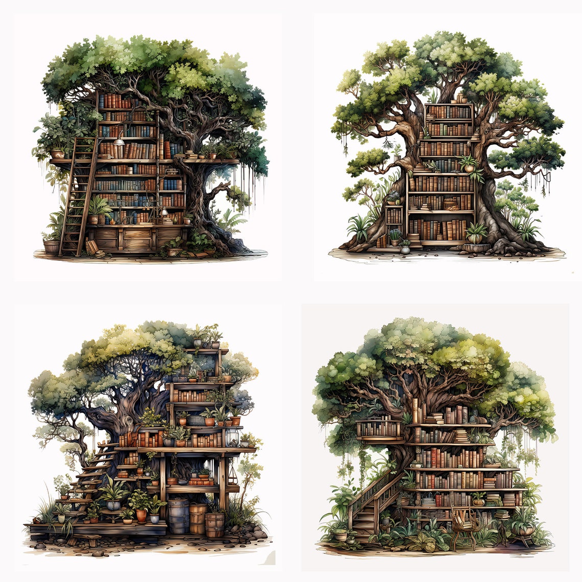 Tree Library Watercolor, 20 Tree Forest Library, Tree Forest Bookshelf ...