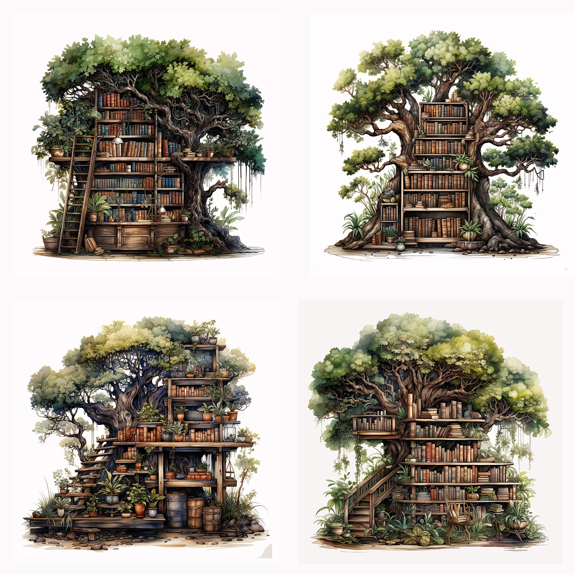 Tree Library Watercolor, 20 Tree Forest Library, Tree Forest Bookshelf ...
