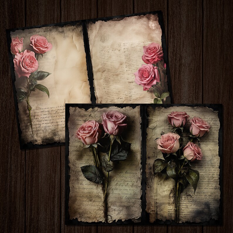 Rose Junk Journal Pages, Pink Rose Flower Old Paper, Pink Roses Digital ...