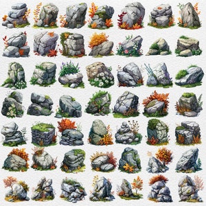 Rocks Clipart, 218 Mossy Rocks Watercolor, Stone Rocks Bundle Clipart ...