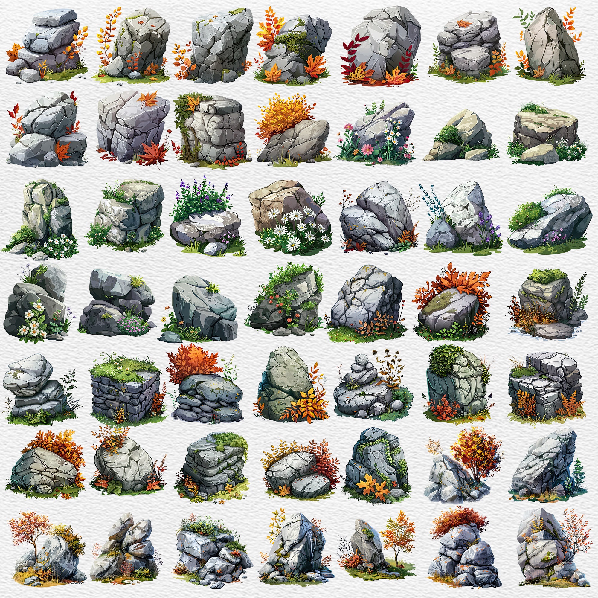 218 Mossy Rocks Watercolor Clipart: Stone Boulders (digital Download ...
